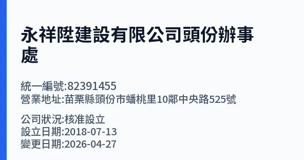 永祥陞建設有限公司頭份辦事處的照片-統編 82391455(苗栗縣) 公司登記資料與營業項目詳細圖表