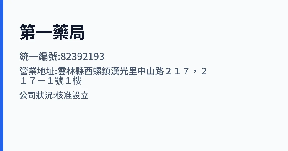 第一藥局 - 統編 82392193(雲林縣) 公司登記資料與營業項目詳細圖表