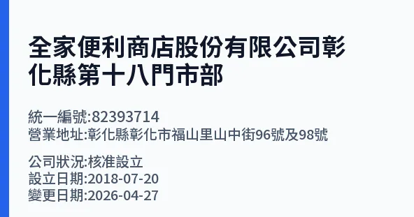 全家便利商店股份有限公司彰化縣第十八門市部的照片-統編 82393714(彰化縣) 公司登記資料與營業項目詳細圖表