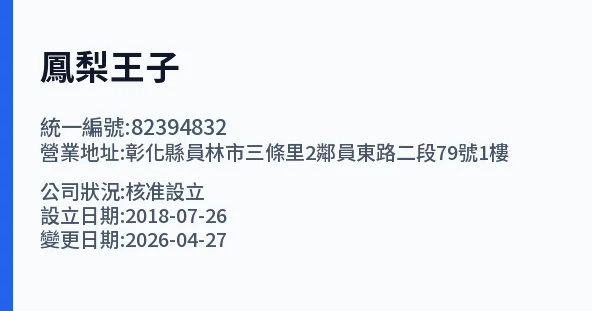 鳳梨王子的照片-統編 82394832(彰化縣) 公司登記資料與營業項目詳細圖表
