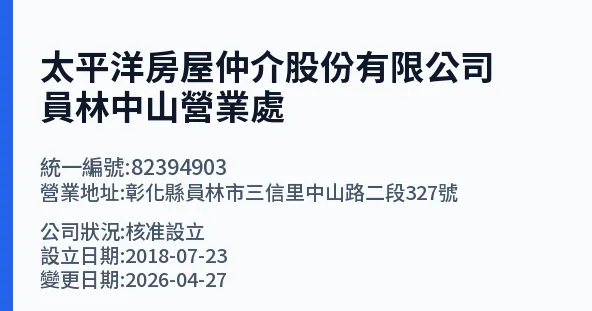 太平洋房屋仲介股份有限公司員林中山營業處的照片-統編 82394903(彰化縣) 公司登記資料與營業項目詳細圖表