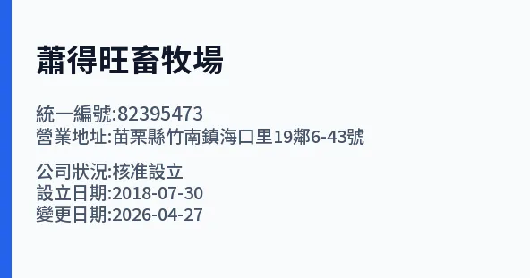 蕭得旺畜牧場的照片-統編 82395473(苗栗縣) 公司登記資料與營業項目詳細圖表