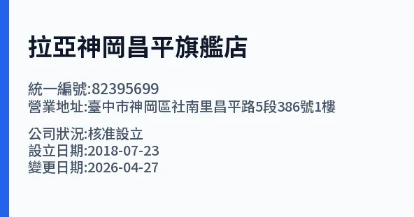 拉亞神岡昌平旗艦店的照片-統編 82395699(臺中市) 公司登記資料與營業項目詳細圖表