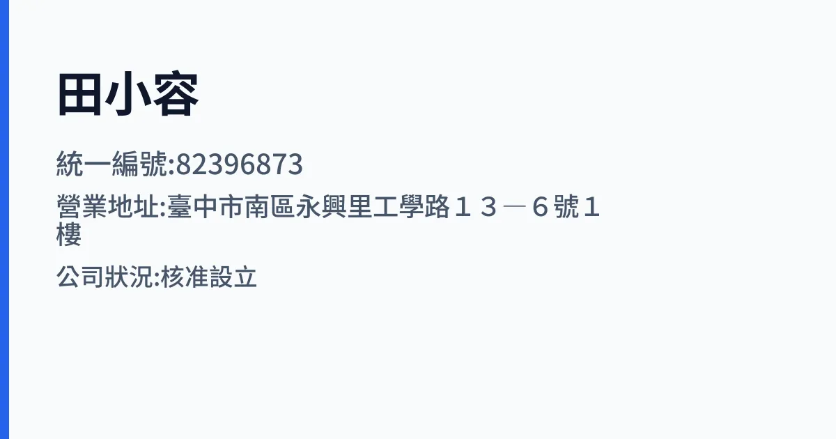 田小容 - 統編 82396873(臺中市) 公司登記資料與營業項目詳細圖表