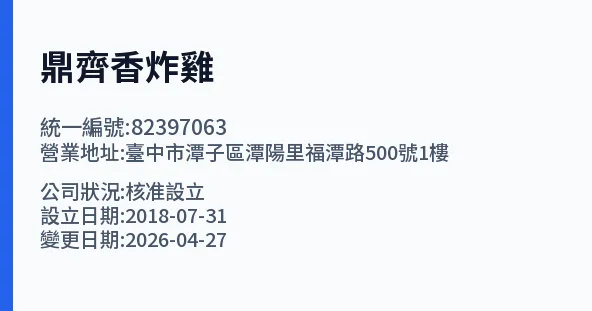 鼎齊香炸雞的照片-統編 82397063(臺中市) 公司登記資料與營業項目詳細圖表