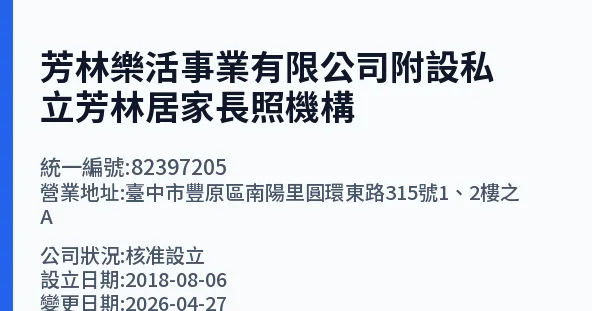 芳林樂活事業有限公司附設私立芳林居家長照機構的照片-統編 82397205(臺中市) 公司登記資料與營業項目詳細圖表