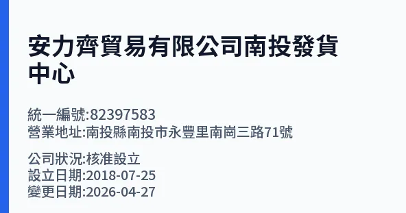 安力齊貿易有限公司南投發貨中心的照片-統編 82397583(南投縣) 公司登記資料與營業項目詳細圖表