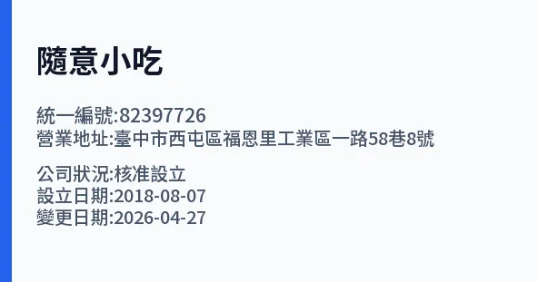 隨意小吃的照片-統編 82397726(臺中市) 公司登記資料與營業項目詳細圖表
