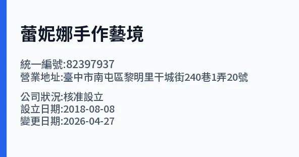 蕾妮娜手作藝境的照片-統編 82397937(臺中市) 公司登記資料與營業項目詳細圖表