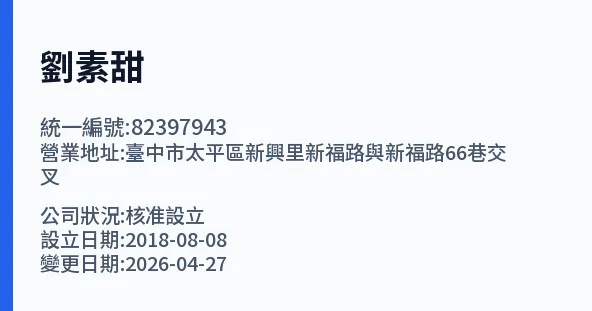 劉素甜的照片-統編 82397943(臺中市) 公司登記資料與營業項目詳細圖表