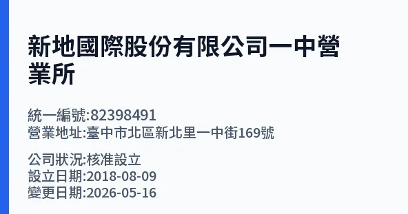 新地國際股份有限公司一中營業所的照片-統編 82398491(臺中市) 公司登記資料與營業項目詳細圖表