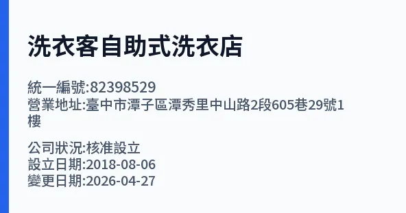 洗衣客自助式洗衣店的照片-統編 82398529(臺中市) 公司登記資料與營業項目詳細圖表