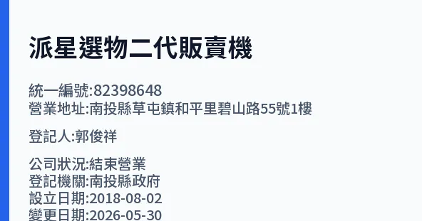 派星選物二代販賣機的照片-統編 82398648(南投縣) 公司登記資料與營業項目詳細圖表
