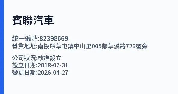 賓聯汽車的照片-統編 82398669(南投縣) 公司登記資料與營業項目詳細圖表