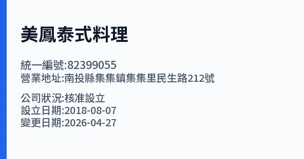 美鳳泰式料理的照片-統編 82399055(南投縣) 公司登記資料與營業項目詳細圖表