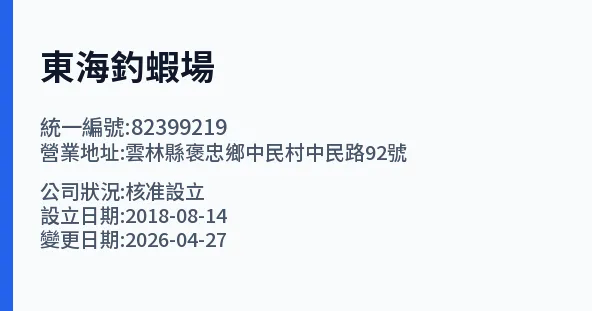 東海釣蝦場的照片-統編 82399219(雲林縣) 公司登記資料與營業項目詳細圖表