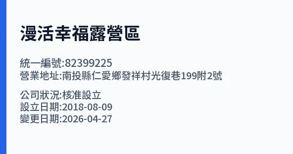 漫活幸福露營區的照片-統編 82399225(南投縣) 公司登記資料與營業項目詳細圖表