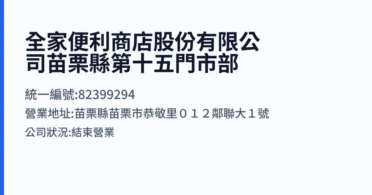 全家便利商店股份有限公司苗栗縣第十五門市部 - 統編 82399294(苗栗縣) 公司登記資料與營業項目詳細圖表