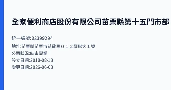全家便利商店股份有限公司苗栗縣第十五門市部的照片-統編 82399294(苗栗縣) 公司登記資料與營業項目詳細圖表