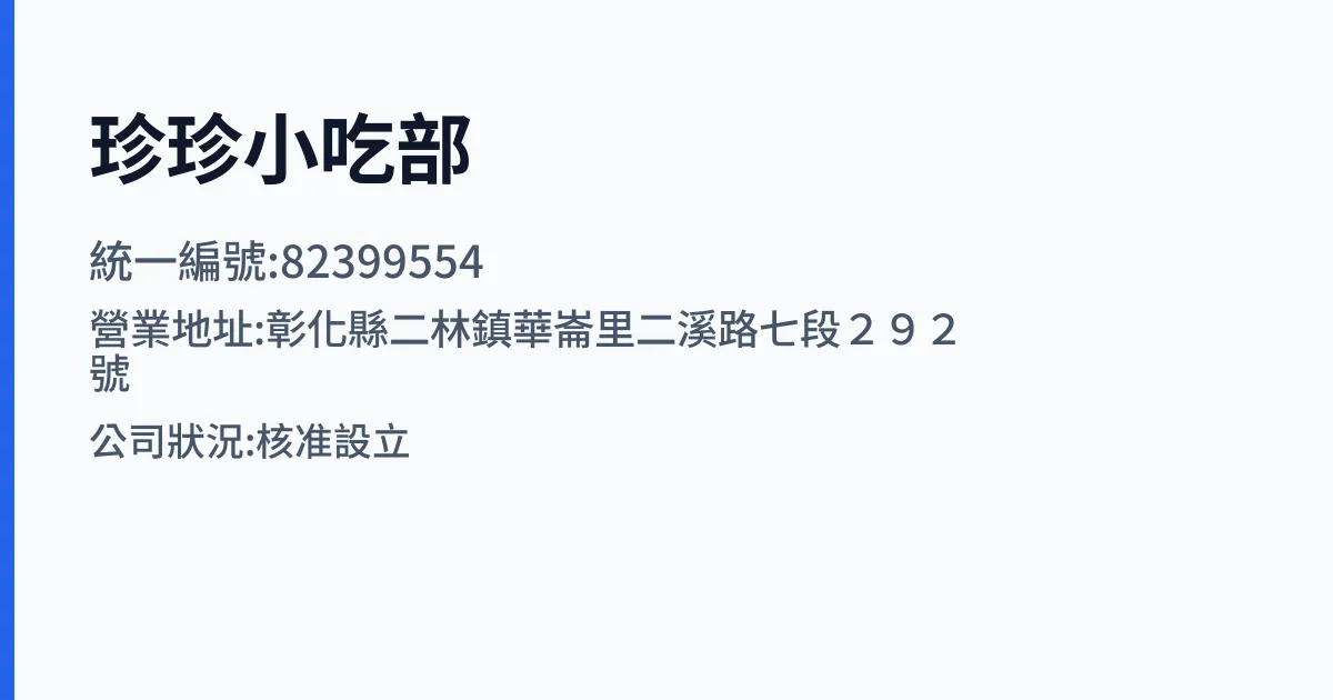 珍珍小吃部 - 統編 82399554(彰化縣) 公司登記資料與營業項目詳細圖表