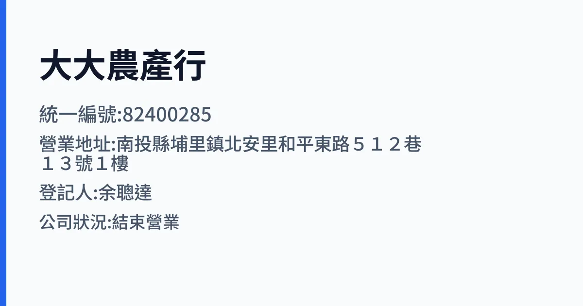 大大農產行 - 統編 82400285(南投縣) 公司登記資料與營業項目詳細圖表