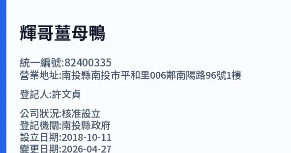輝哥薑母鴨的照片-統編 82400335(南投縣) 公司登記資料與營業項目詳細圖表