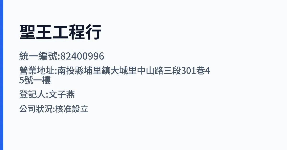 聖王工程行 - 統編 82400996(南投縣) 公司登記資料與營業項目詳細圖表