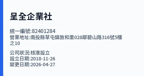 呈全企業社的照片-統編 82401284(南投縣) 公司登記資料與營業項目詳細圖表