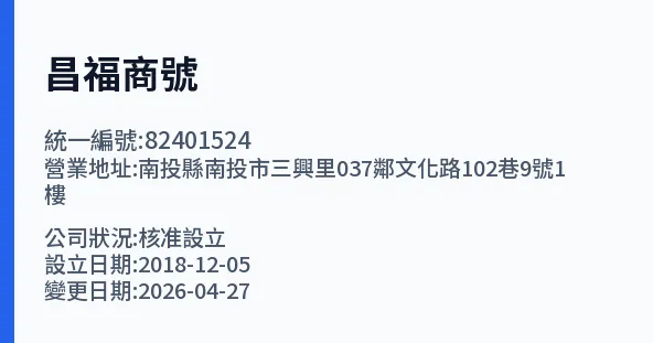 昌福商號的照片-統編 82401524(南投縣) 公司登記資料與營業項目詳細圖表