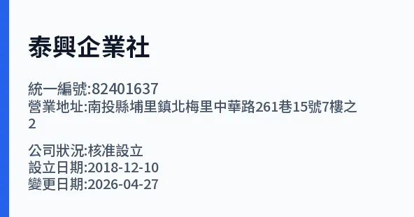 泰興企業社的照片-統編 82401637(南投縣) 公司登記資料與營業項目詳細圖表