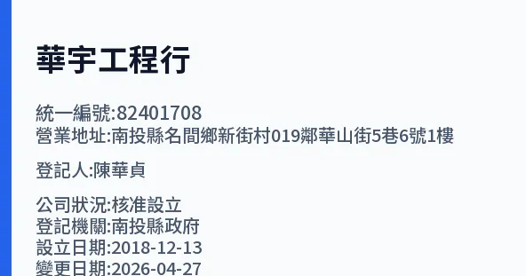 華宇工程行的照片-統編 82401708(南投縣) 公司登記資料與營業項目詳細圖表