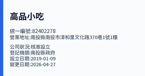 高品小吃的照片-統編 82402278(南投縣) 公司登記資料與營業項目詳細圖表