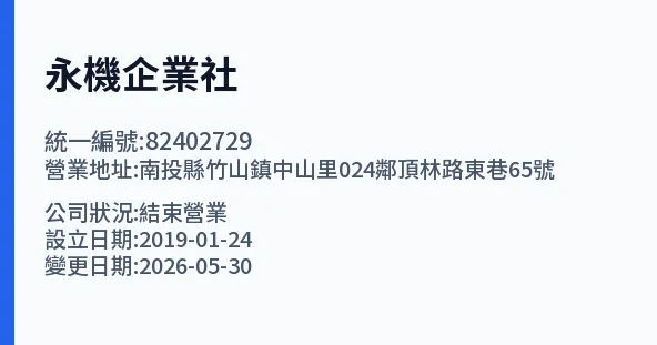 永機企業社的照片-統編 82402729(南投縣) 公司登記資料與營業項目詳細圖表