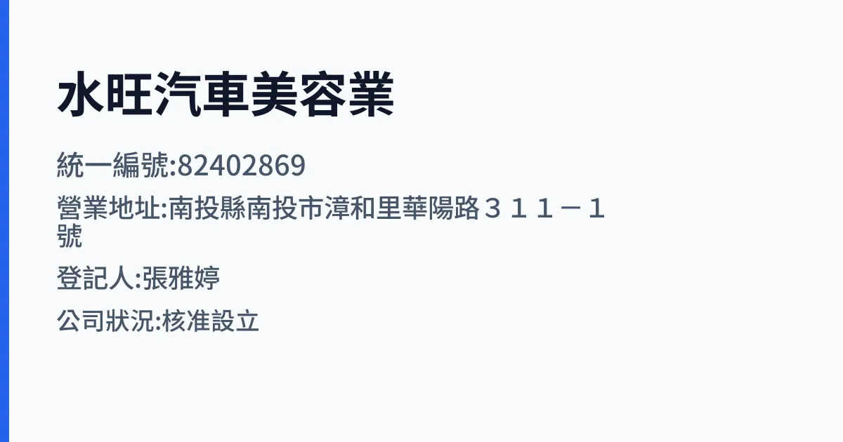 水旺汽車美容業 - 統編 82402869（南投縣） 公司登記資料與營業項目詳細圖表