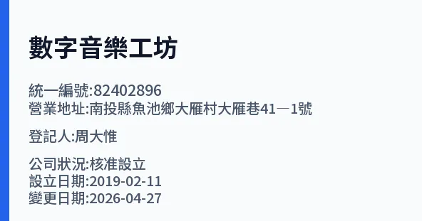 數字音樂工坊的照片-統編 82402896(南投縣) 公司登記資料與營業項目詳細圖表