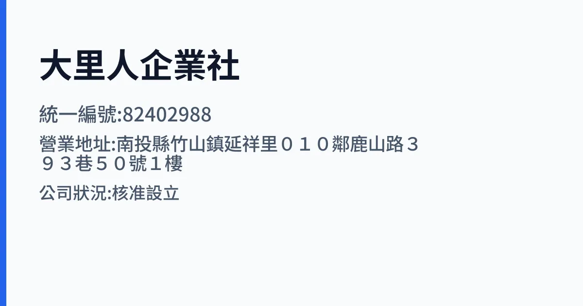 大里人企業社 - 統編 82402988(南投縣) 公司登記資料與營業項目詳細圖表