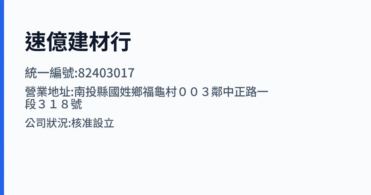 速億建材行 - 統編 82403017(南投縣) 公司登記資料與營業項目詳細圖表