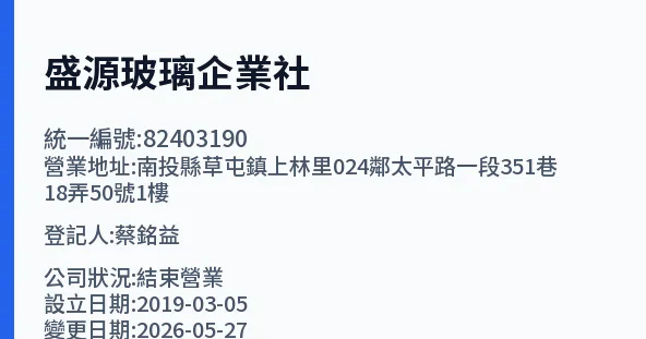 盛源玻璃企業社的照片-統編 82403190(南投縣) 公司登記資料與營業項目詳細圖表