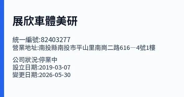 展欣車體美研的照片-統編 82403277(南投縣) 公司登記資料與營業項目詳細圖表