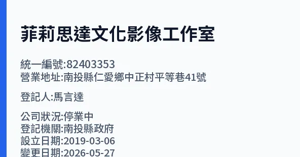 菲莉思達文化影像工作室的照片-統編 82403353(南投縣) 公司登記資料與營業項目詳細圖表
