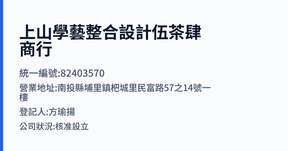 上山學藝整合設計伍茶肆商行 - 統編 82403570(南投縣) 公司登記資料與營業項目詳細圖表