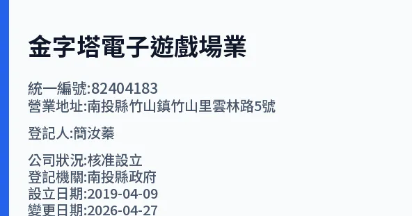 金字塔電子遊戲場業的照片-統編 82404183(南投縣) 公司登記資料與營業項目詳細圖表