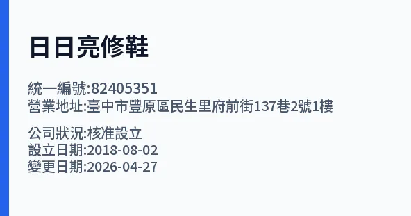 日日亮修鞋的照片-統編 82405351(臺中市) 公司登記資料與營業項目詳細圖表