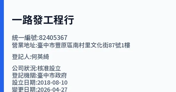 一路發工程行的照片-統編 82405367(臺中市) 公司登記資料與營業項目詳細圖表