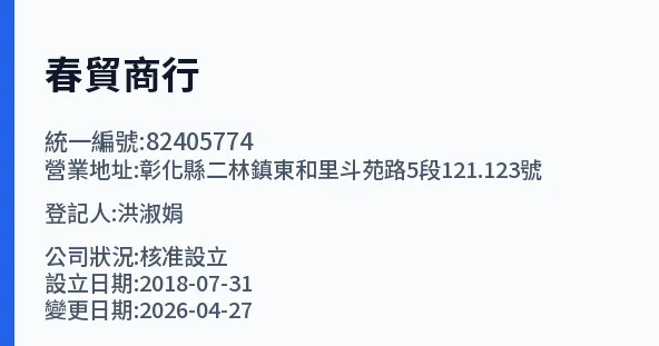 春貿商行的照片-統編 82405774(彰化縣) 公司登記資料與營業項目詳細圖表