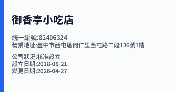御香亭小吃店的照片-統編 82406324(臺中市) 公司登記資料與營業項目詳細圖表