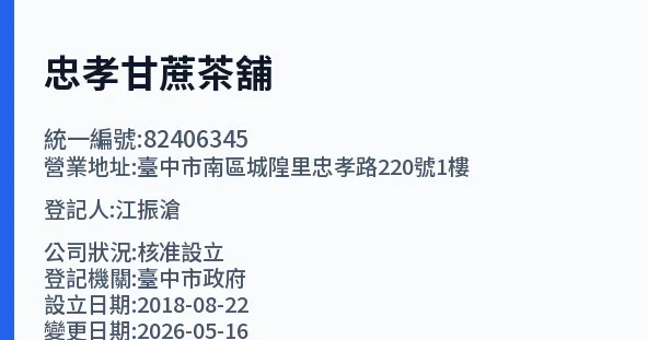 忠孝甘蔗茶舖的照片-統編 82406345(臺中市) 公司登記資料與營業項目詳細圖表