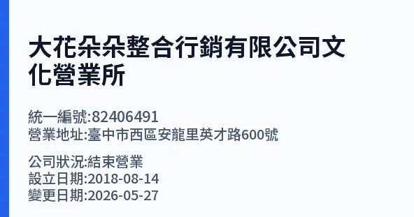 大花朵朵整合行銷有限公司文化營業所的照片-統編 82406491(臺中市) 公司登記資料與營業項目詳細圖表