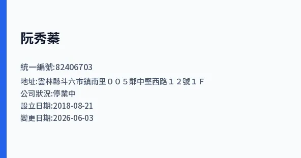 阮秀蓁的照片-統編 82406703(雲林縣) 公司登記資料與營業項目詳細圖表