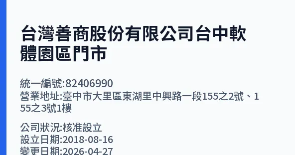 台灣善商股份有限公司台中軟體園區門市的照片-統編 82406990(臺中市) 公司登記資料與營業項目詳細圖表